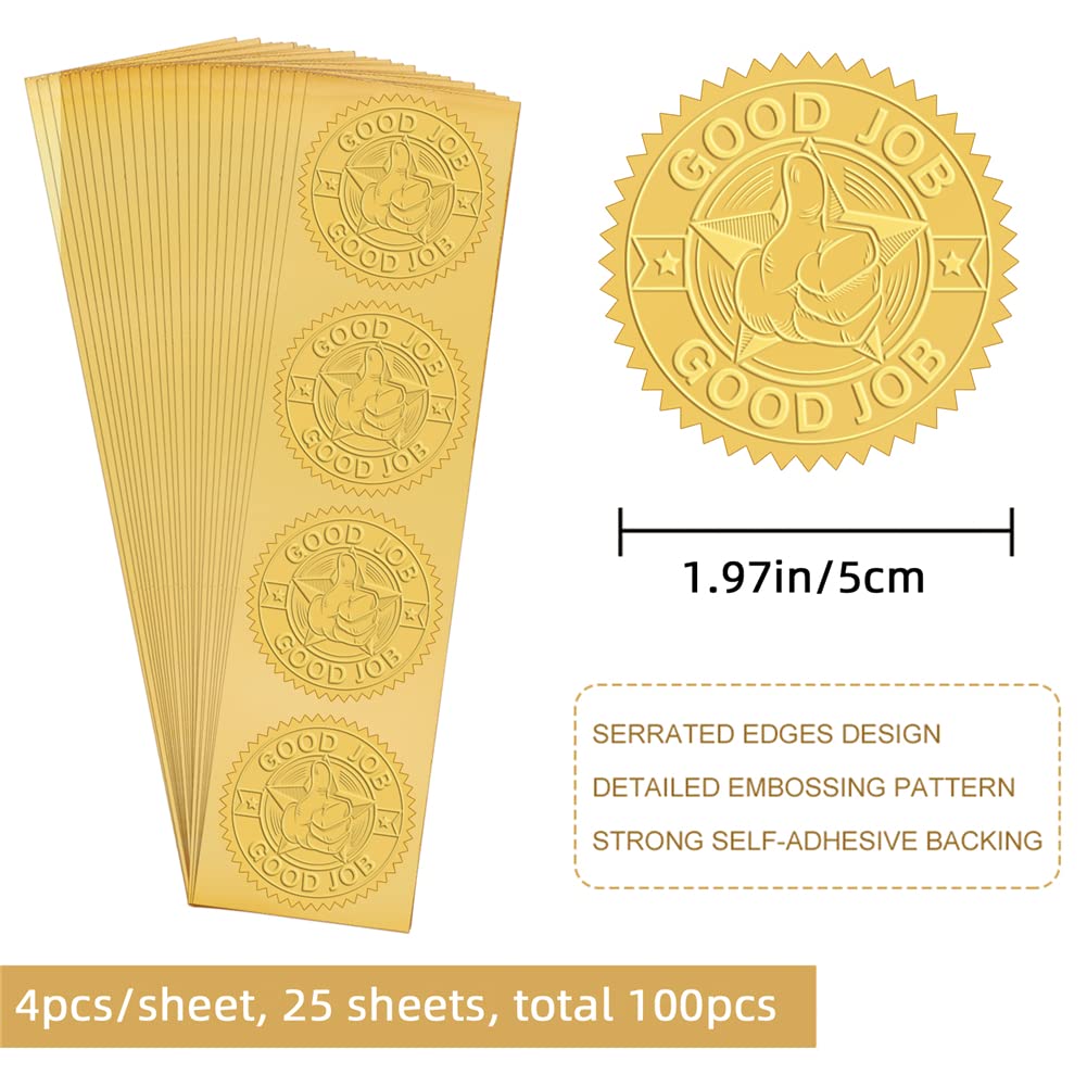 CRASPIRE 2 Inch Gold Embossed Envelope Seals Stickers Good Job 100pcs Adhesive Embossed Foil Seals Stickers Label for Wedding Invitations Gift Packaging