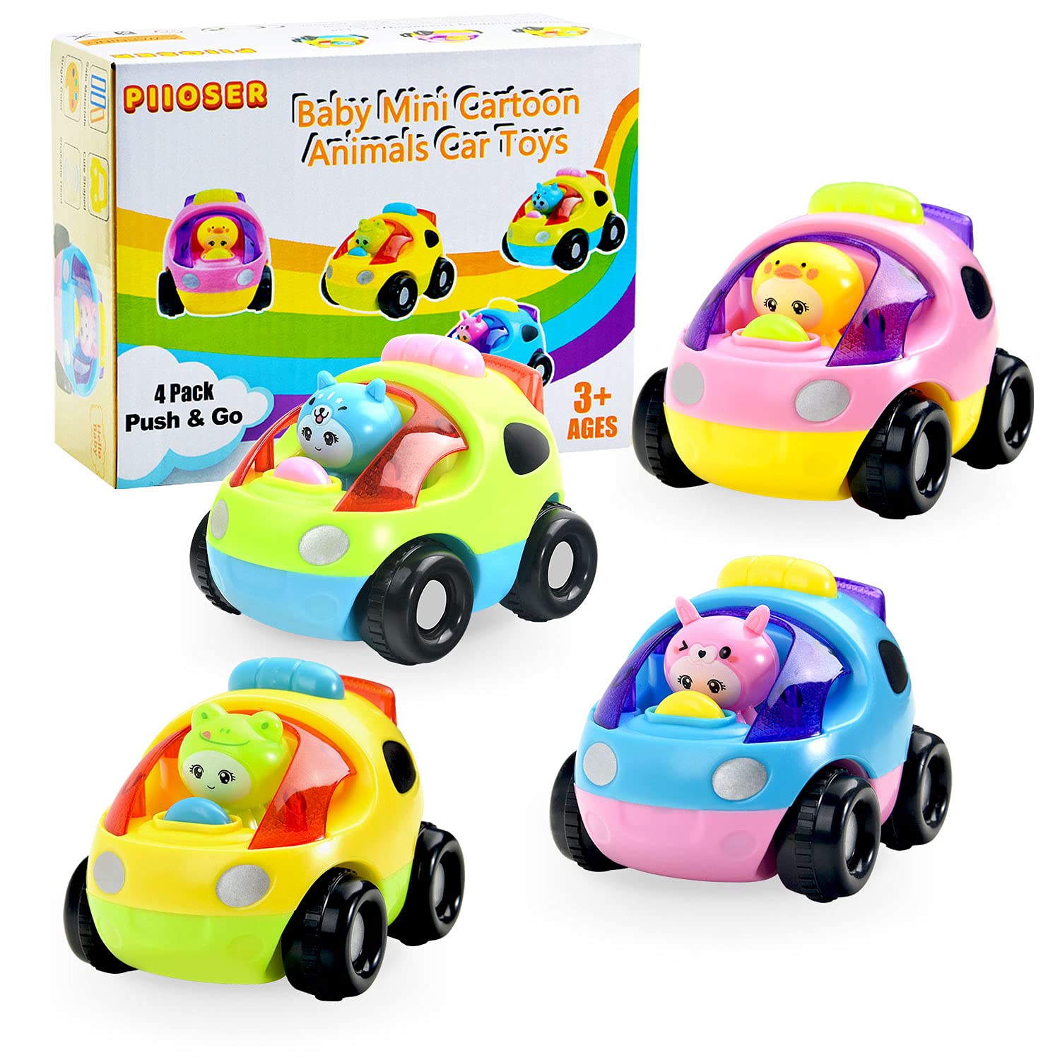 PIIOSER Mini Cartoon Animals Toy Cars for Toddlers, 4 Pack Friction Powered Pull Back Toys Vehicles Play Set for Kids Best Birthday Party Gift for Boys Girls Age 3+ Years Old