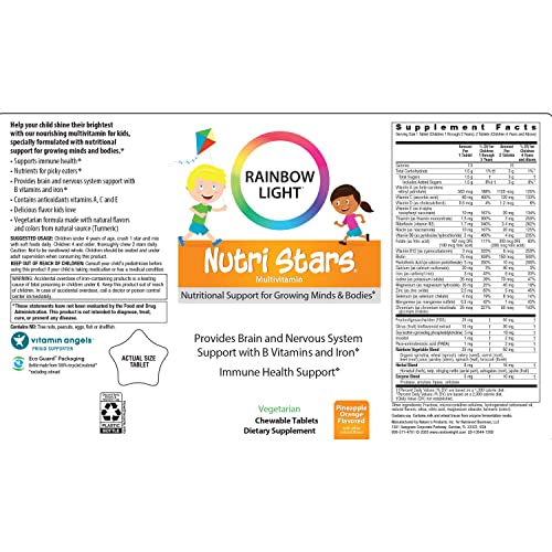 Rainbow Light Multivitamins for Kids, Vitamin B, Zinc & Iron, Prebiotics, Nutri Stars Provides Brain & Nervous System Support, Pineapple Orange, 120 Chewable Tablets