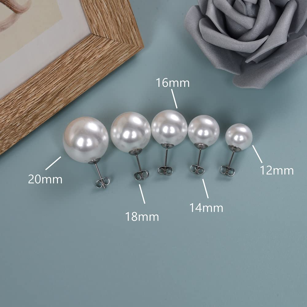 Big Pearl Earrings for Women Oversized Classic Faux Round Studs White Simulated Large Pearl Earrings for Women -14mm