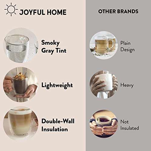 JOYFUL HOME Double Wall Glass Coffee Mugs - 12 oz. Insulated Double Walled, Smoky Gray Borosilicate Glass with Large Handle for Coffee, Cocoa and Tea (Set of 2)