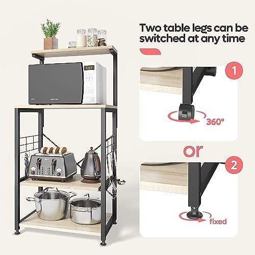 Bestier Bakers Rack, 4-Tier Microwave Stand Coffee Bar Table on Wheels, Utility Storage Rack with Sliding Shelf & 10 Side Hooks for Kitchen, Living Room, Dining Room, Oak