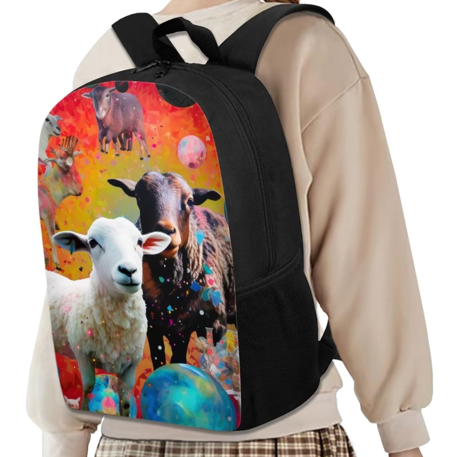 Black Kids Animal Sheep Backpack for Boys Girls Lightweight Comfy Padded Durable Elementary Cute School Backpack 17 Inch Novelty Student Child Personalized Bookbag
