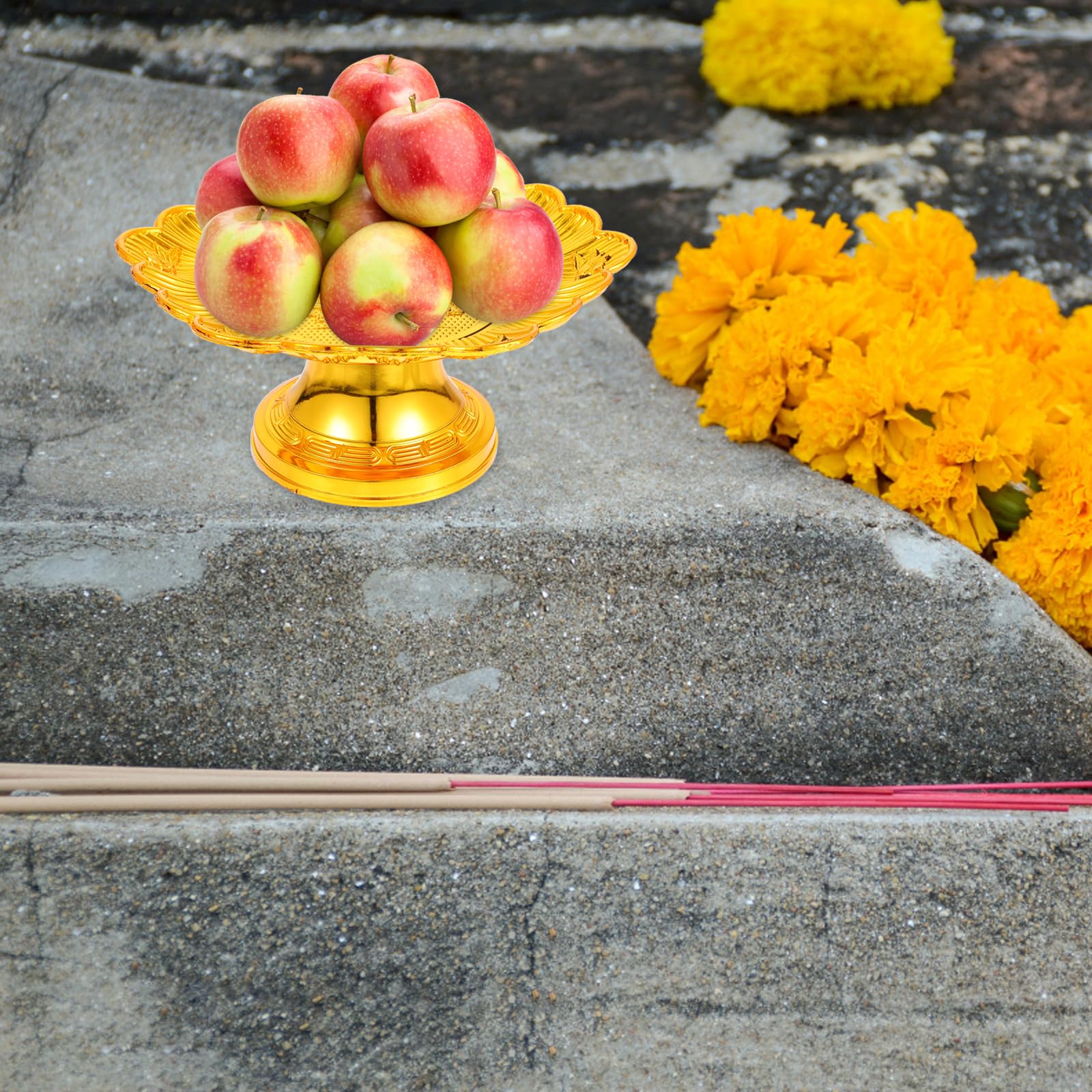 Buddha Altar Fruit Plate:2PCS Offering Plate Tribute Serving Trays - Offering Fruit Desserts and Snacks for Buddha Altar Temple - Gold (8 Inches)