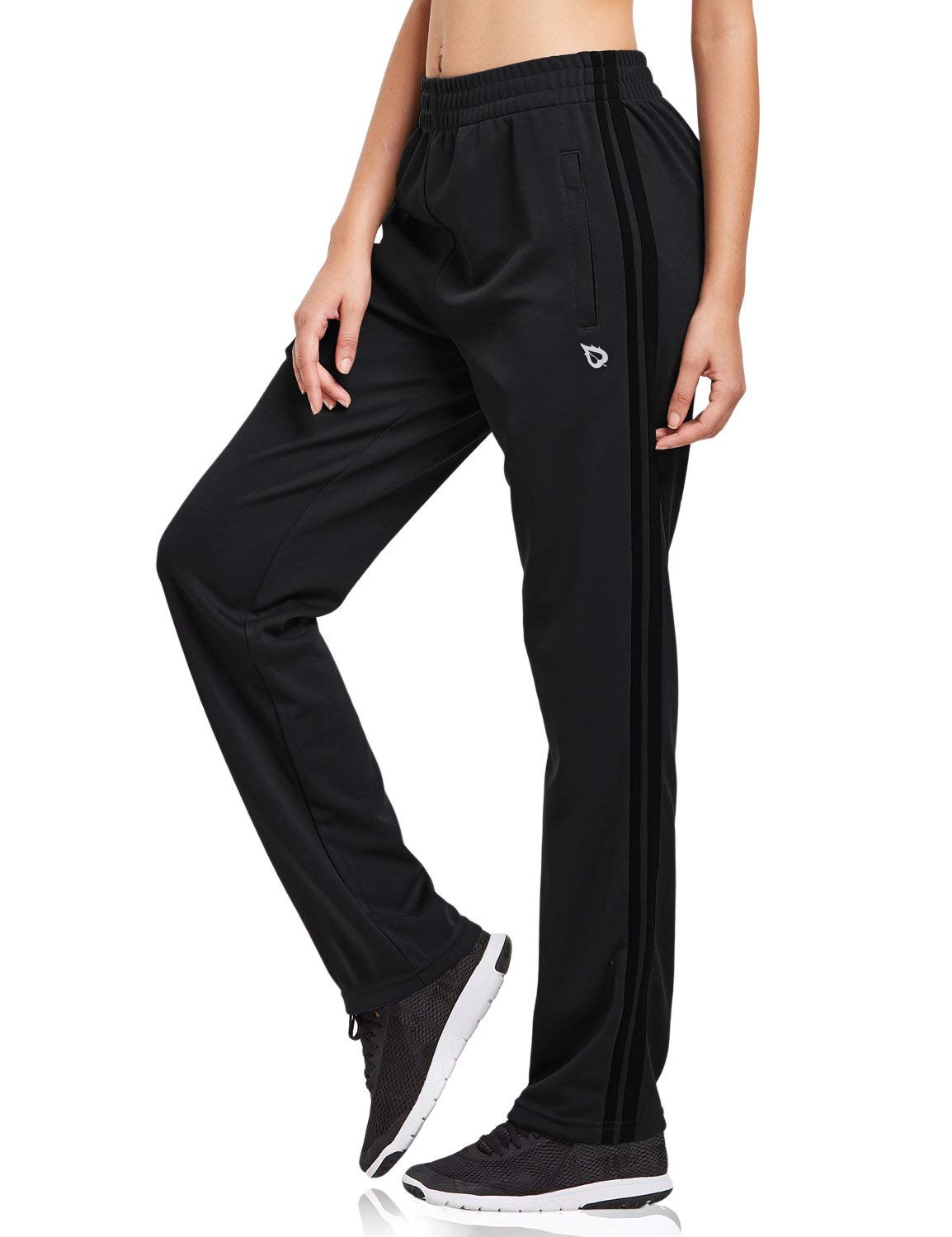 BALEAF Women's Track Pants Athletic Jogging Sweatpants Zipper Pockets Warm-Up Sports Running Pants Black/Black Size L