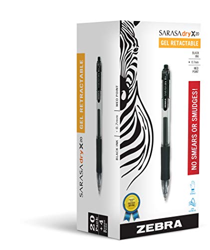 Zebra Pen Sarasa Dry X20 Retractable Gel Pen, Medium Point, 0.7mm, Assorted Business Color Ink, 24-Pack (Packaging May Vary)