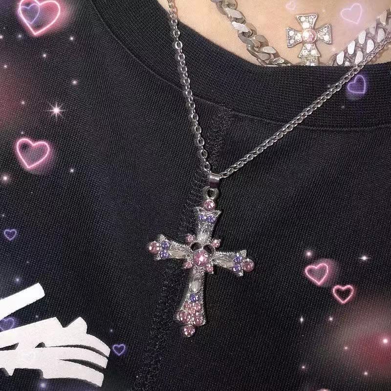 Pink Crystal Cross Pendant Necklace Gothic Punk Indie Cross Zircon Choker for Egirl Eboy Woman