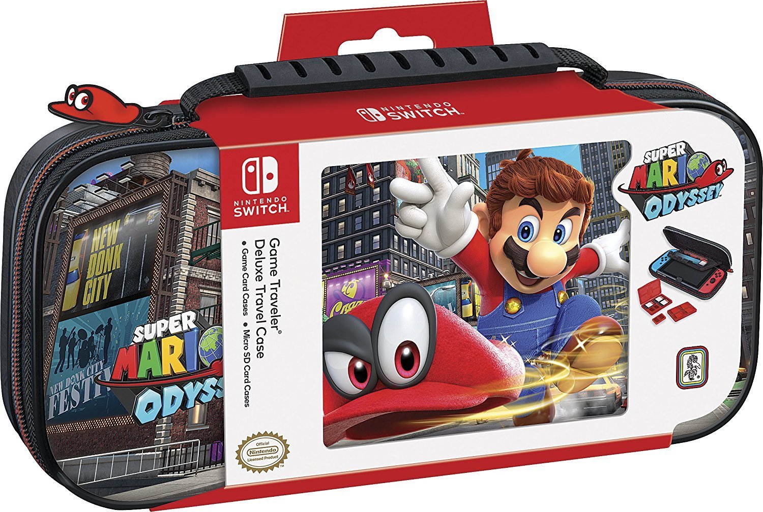 Nintendo Switch Bundle: 32GB Console Red and Blue Joy-Con, Nintendo Switch Wheel (set of 2), Super Mario Odyssey Video Game and Deluxe Travel Case (Renewed)