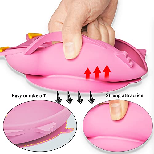KAVONOI Baby Toddler Silicone Suction Plate with Spoon&Fork And Adjustable Bib Set,Silicone Baby Feeding Utensils Set,Baby Toddler Led Weaning Supplies Set-Pink Owl Set