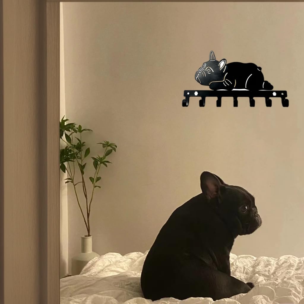 Ctpeng Dog Leash Holder for Wall,Decorative Leash Holder Wall Mount with 7 Hooks,Black Metal Key Organizer Rack Dog Leash Hanger for Entryway,Front Door,Hallway & Office(10.83X6.1 inches)