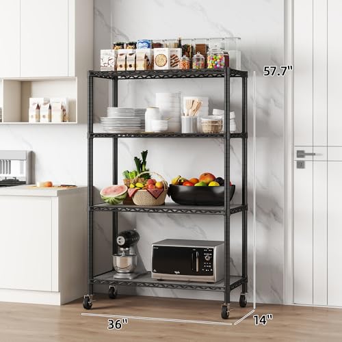 EZPEAKS 4-Shelf Shelving Units and Storage on 3'' Wheels with 4-Shelf Liners, 36W X 14D X 57.7H Adjustable Heavy Duty Steel Wire Shelving Unit for Garage, Kitchen, Office, Pole Diameter 1 Inch