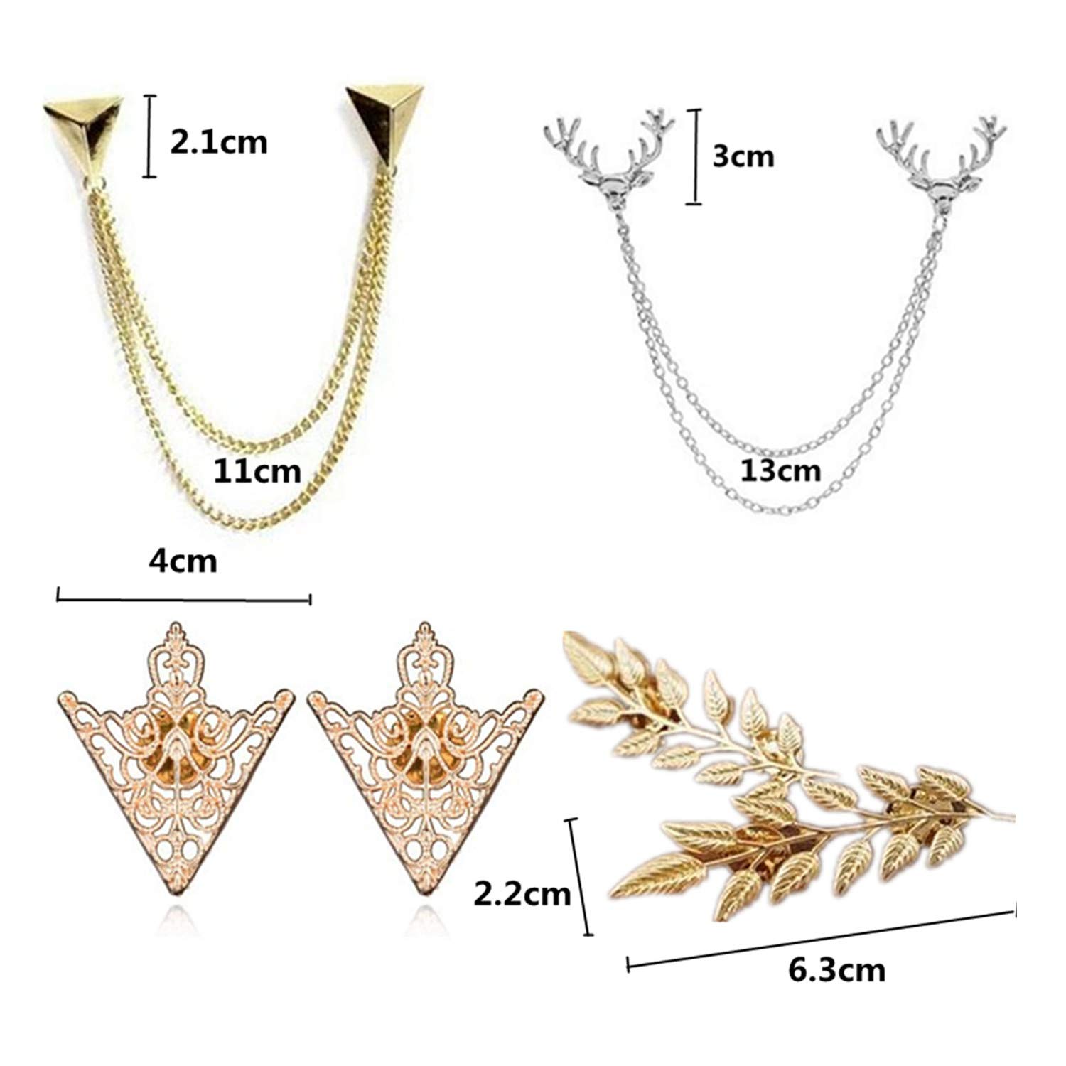 TFYU 4 Pcs Deer Head Double Link Chains, Gold Stud, Retro Hollow Pattern and Angle Triangle Tassels Collar Pins Brooch Clip Pin Brooches Shirt Collar Decoration Parts with Free Box