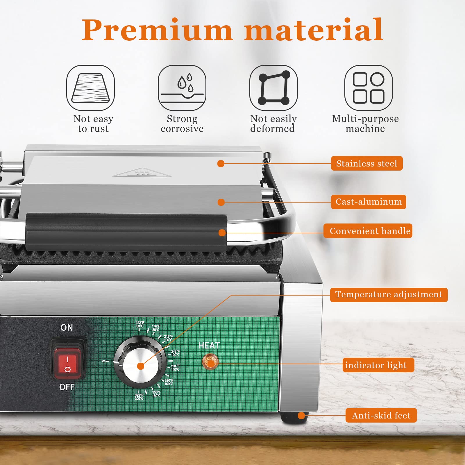 Commercial Panini Press Sandwich Maker, BOEASTER 2200W Cast Iron Sandwich Press 122°F-392°F Panini Grill Non Stick for Hamburgers Steaks Bacons Sandwiches Sausages