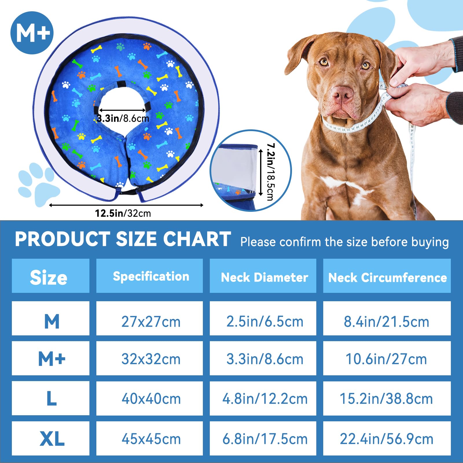 Dog Cone Collar, Inflatable Adjustable Dog Surgery Collar for Small Medium Dogs and Cats, Soft Dog Cone for Dogs After Surgery with Enhanced Anti-Licking, Protective Dog Donut Collar(M+)