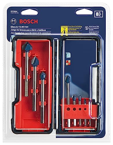 BOSCH GT3000 8-Piece Glass and Tile Carbide Hammer Drill Bits Assorted Set with Included Storage Case for Fast Drilling in Glass and Tile