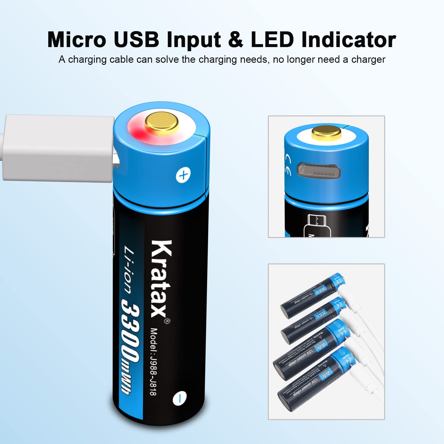 Kratax Rechargeable AA Batteries USB, 3300mWh Lithium USB Double A Batteries, 1.5V Constant Outpout, 4-in-1 USB Charging Cable, LED Charge Indicator, Over 1100 Cycles for Toys, Xbox Controller-4 Pack