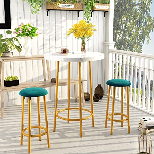 Hooseng Bar Table Set, 3 Pieces Round Dining Table Set with Counter Height Faux Marble Table and 2 Stools, Space Saving Bar Table and Chairs Set for Breakfast Nook Apartment Cafe Small Space, Green