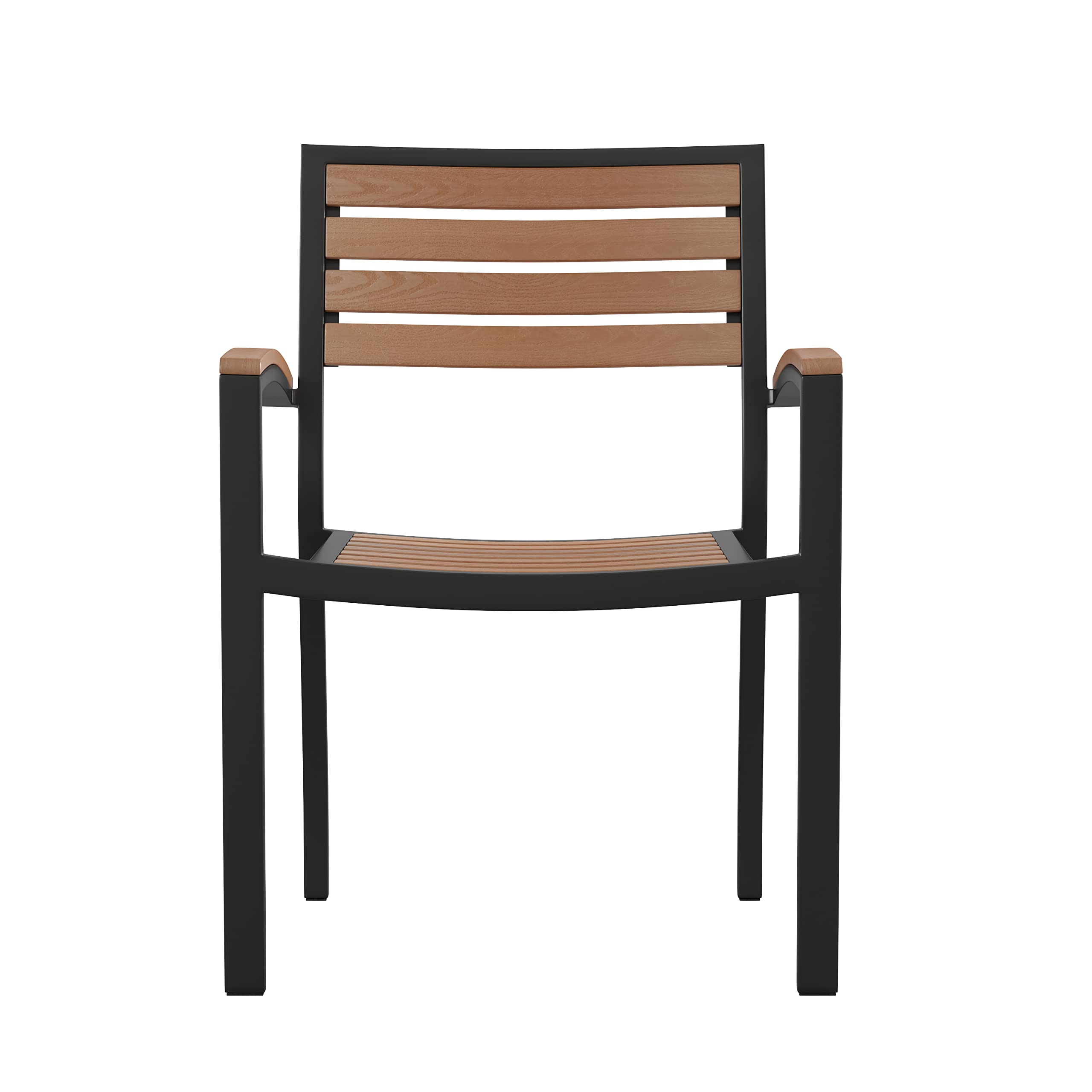 EMMA + OLIVER Stackable Aluminum Patio Chair - Set of 2 All-Weather Black Framed Side Chair with Faux Teak Slats - Commerical Grade
