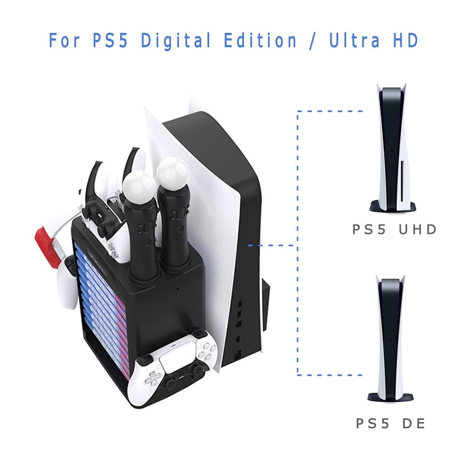 Charging Station for PS5 Controllers PS VR Move,Multifunctional Storage Rack Stand Kit for Playstation 5 Console and PS5 Accessories with 11 Game Disk,Cooling Fan,Headset and PS VR Stand