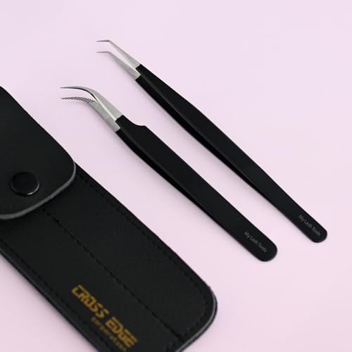 Cross Edge Corporation My Lash Tools Fiber Tip Eyelash Tweezers for Extensions Pro Volume, Isolation & Classic False Lashes Stainless Steel Straight and Curved Set (2 Pieces, 5) (CEC-TWEEZERSSETSBLK)