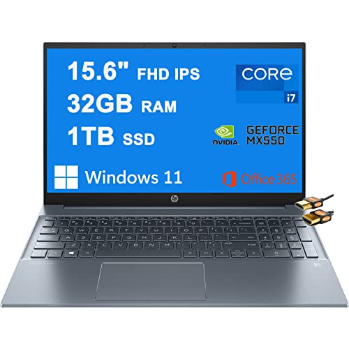 HP Pavilion 15 Business Laptop 15.6" FHD IPS BrightView Touchscreen 13th Gen 10-core i7-1355U Processor 32GB RAM 1TB SSD GeForce MX550 2GB Graphic Backlit USB-C Office365 Win11 Blue + HDMI Cable