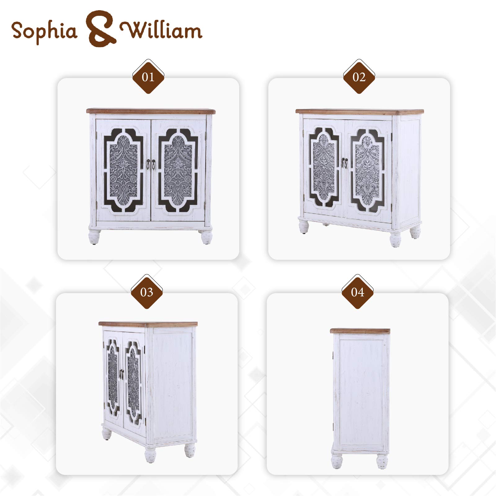 Sophia & William Accent Storage Cabinet with Wood Frame and Iron Embossed Painted Door, Distressed Floor Cabinet for Entryway Living Room