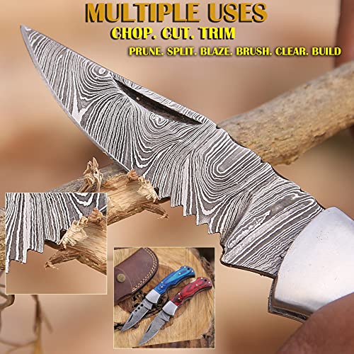 Handmade Damascus pocket knife for men with leather sheath | 2 Pcs Tactical Folding Pocket knife Set with Back Lock | Best Edc Bushcraft knifes for Fishing, Camping, Hiking | Damascus steel Blade Foldable hunting Belt knife with Horizontal Carry sheath |