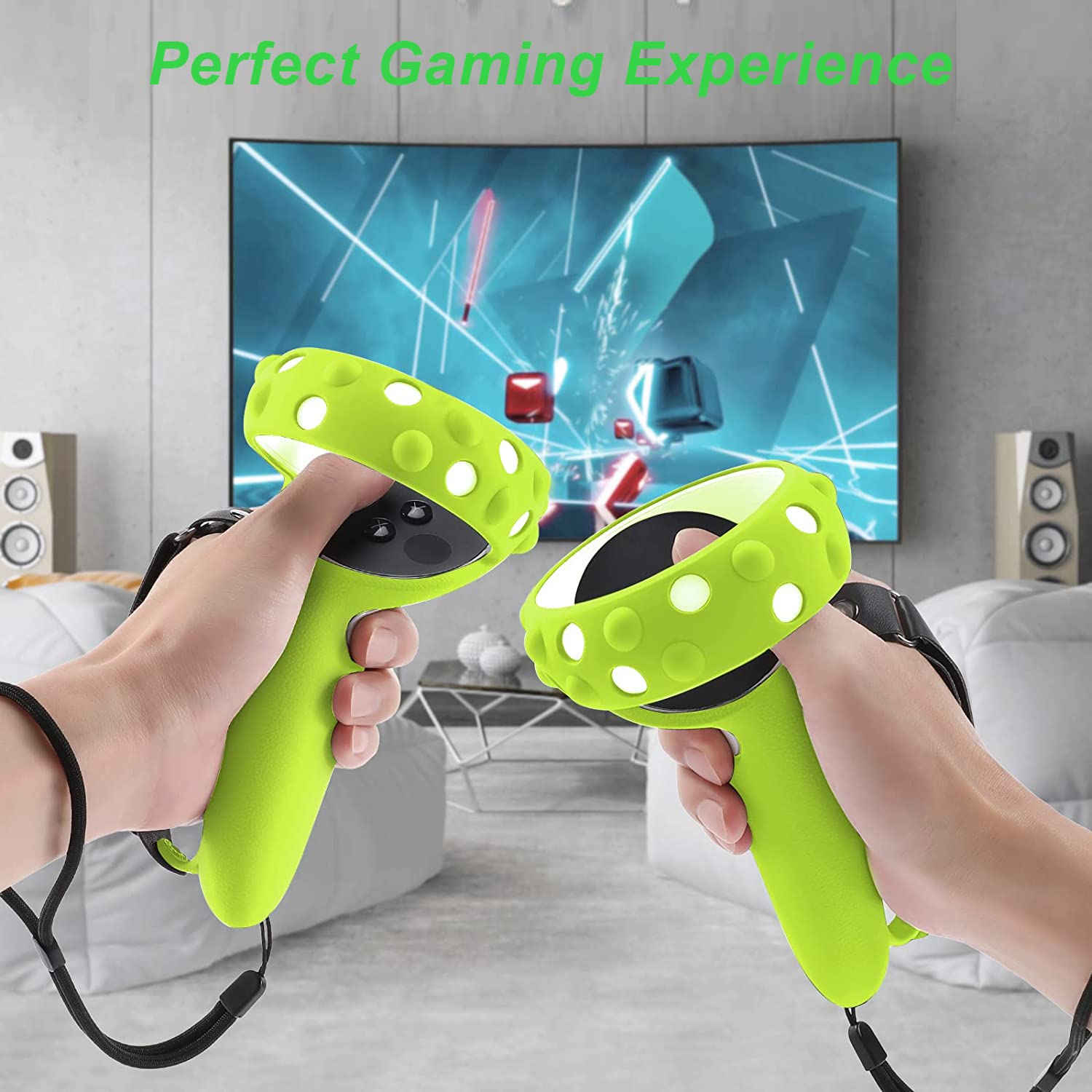 Compatible with Oculus Quest 2 Accessories | Lengthening Controller Grip Cover with Battery Opening | VR Shell Cover | Silicone face Cover | Protective Lens Cover (Green)