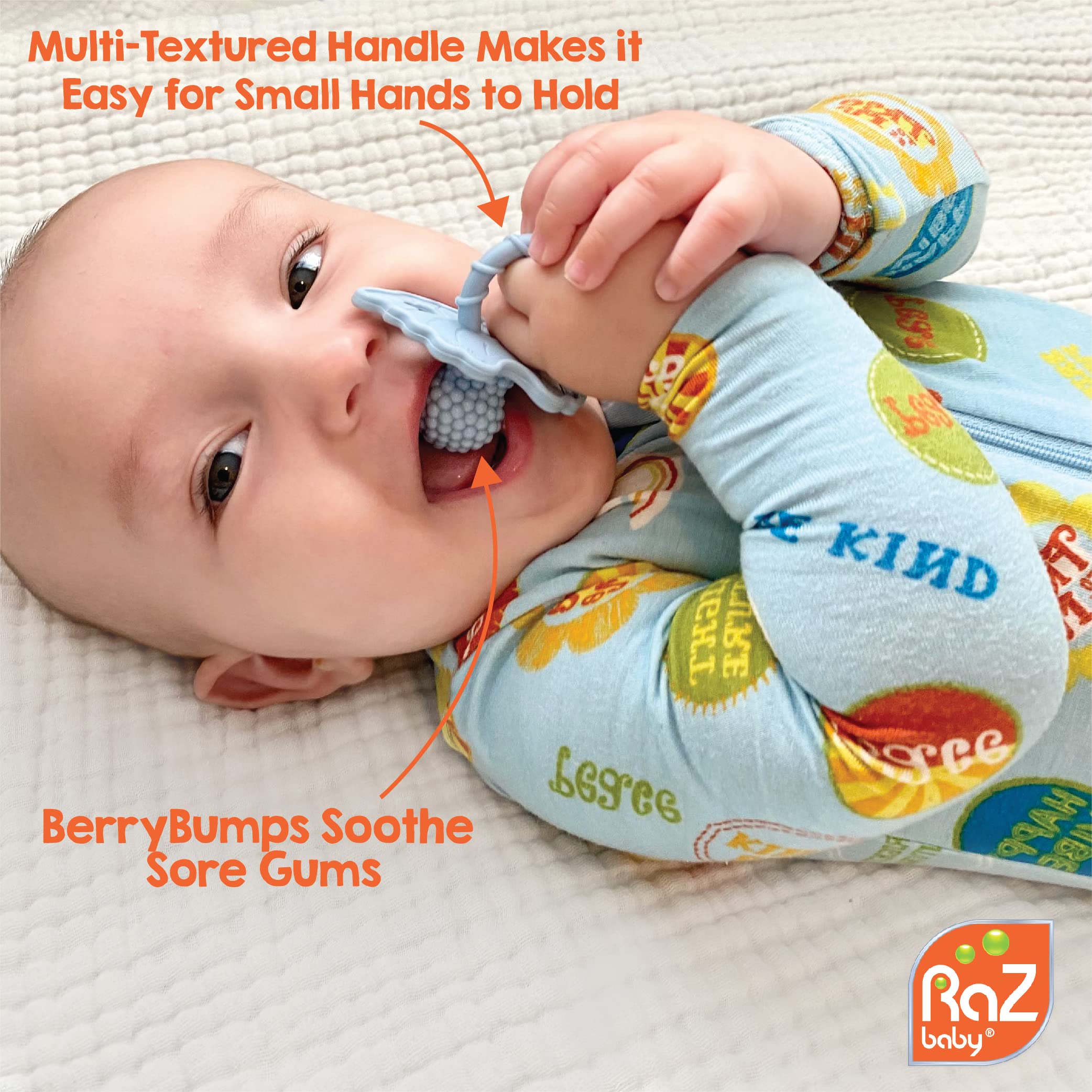 RaZbaby Soft Silicone Infant & Baby 3M+ Teether Toy Berrybumps Textured Teething Relief Pacifier - Soothes Sore Gums - Hands-Free & Easy-to-Hold Fruit-Shaped RaZberry Design, BPA Free – Blue