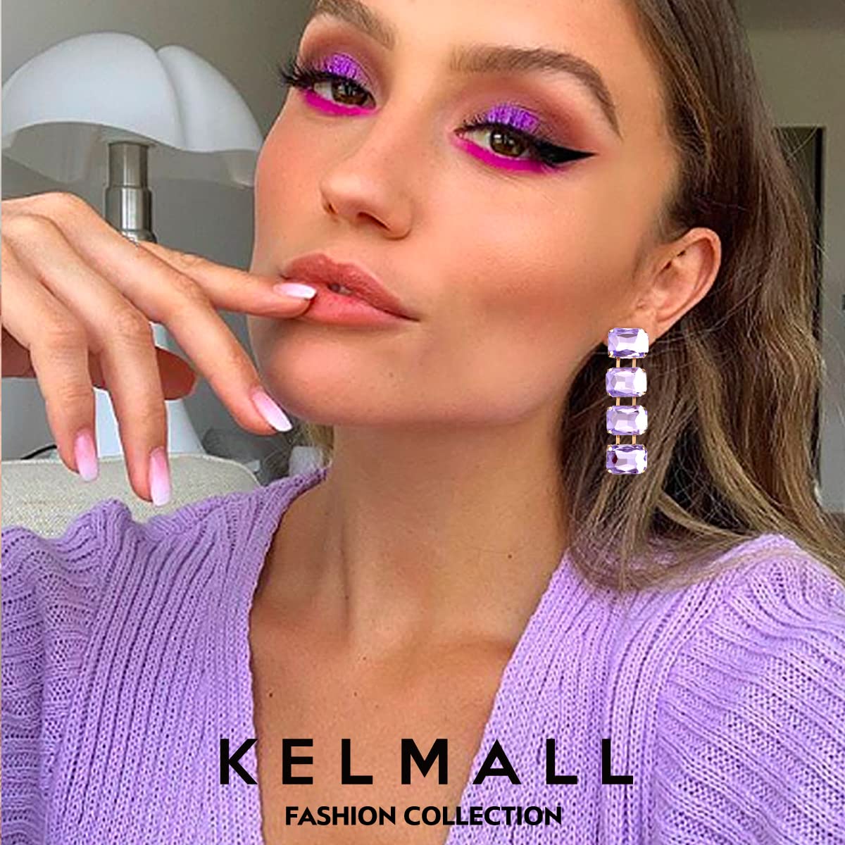 Chunky Rhinestone Rectangle Earrings for Women Dangling Geometric Shaped with Purple Crystal Drop Earrings KELMALL COLLECTION