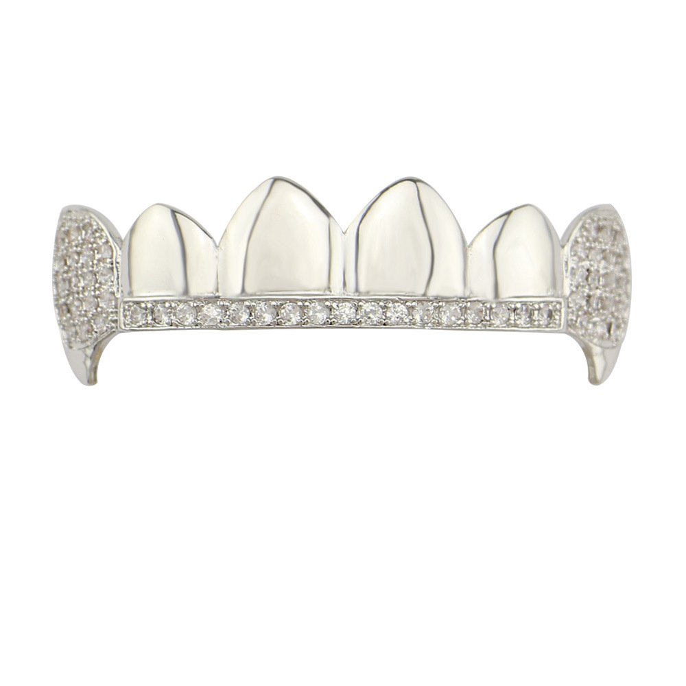 BUUEERR Diamond Grills Shiny Hip Hop Teeth Grillz Caps Iced Out CZ Top and Bottom Vampire Fangs Grillz (Silver)