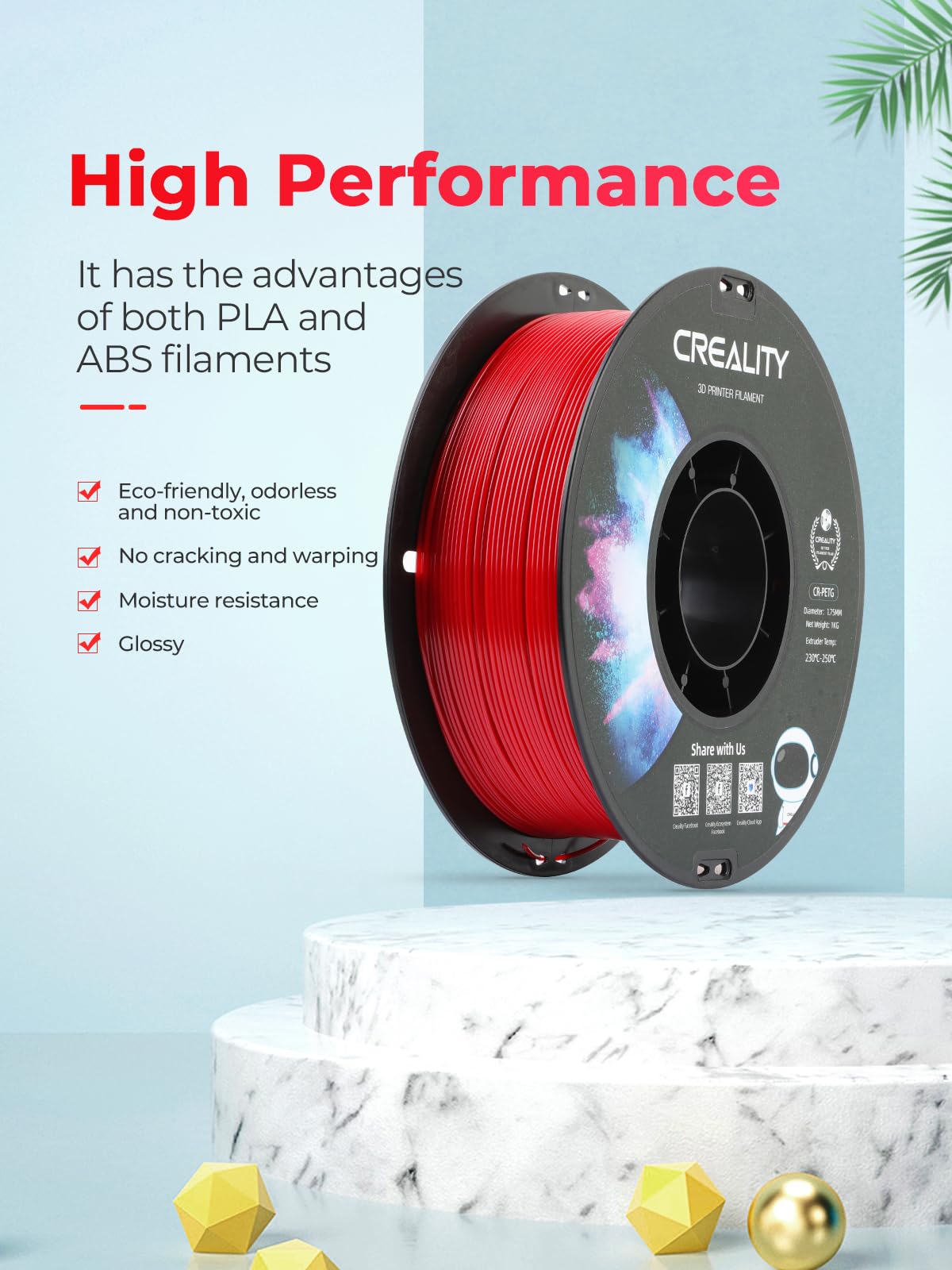 Creality PETG 3D Printing Filament 1.75mm, Excellent Toughness High Precision, Odorless Non-Toxic Moistureproof, 1kg(2.2lbs) Glossy PETG Filament for 3D Printer (Transparent Blue)
