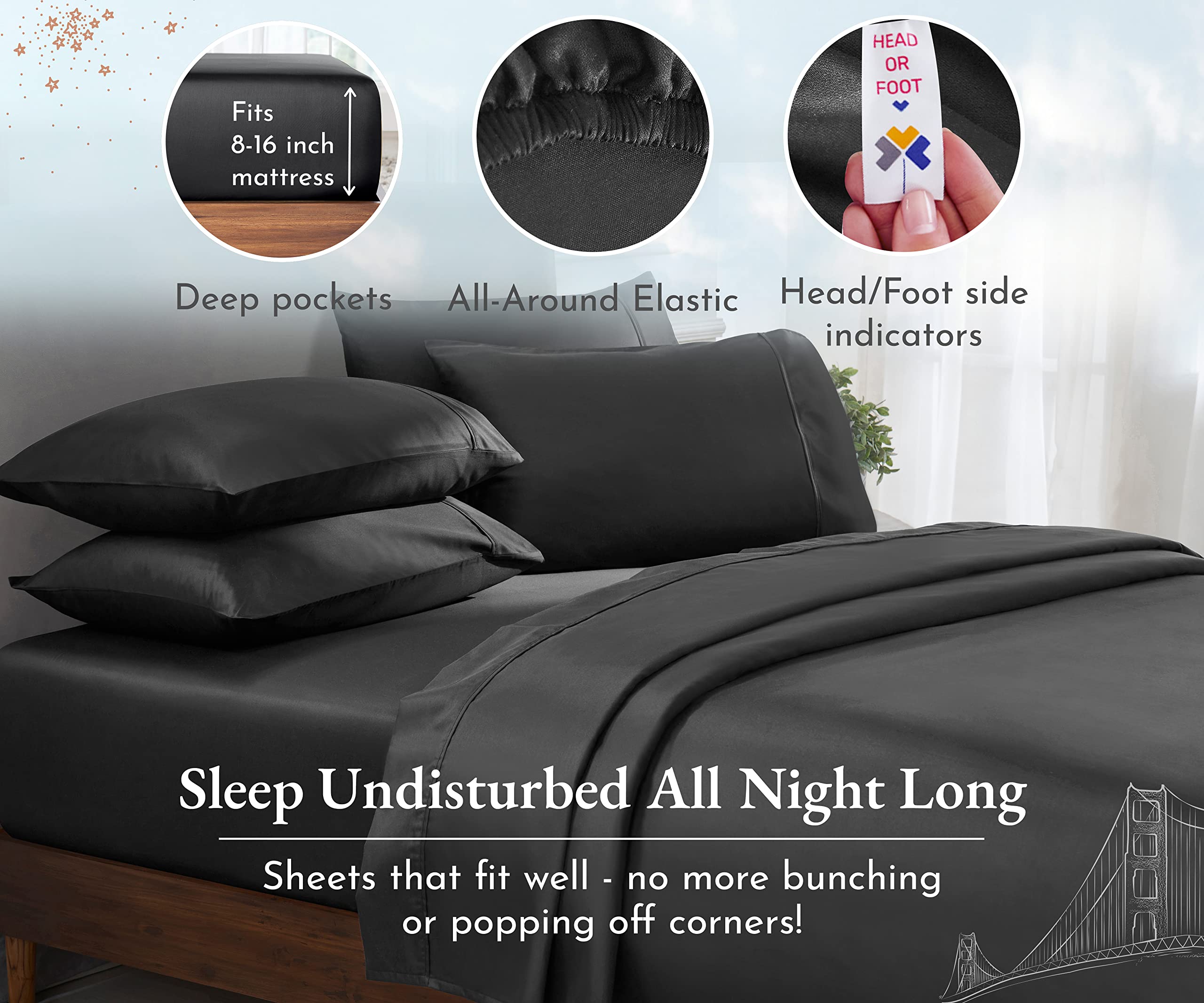 California Design Den King Size Black Sheet Set - 6 Piece Set Ultra Soft 100% Cotton Sheets, 400 Thread Count Luxury Sateen Weave, Deep Pocket Bedsheets, Includes 4 Pillowcases (King, True Black)
