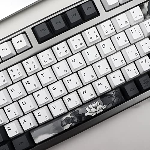 JSJT Ink Lotus Keycaps OEM Profile Japanese Keycaps 140 Keys PBT Dye Sublimation Custom Keycaps Suitable for GK61/64/68/84/87/96/980/104/108 Cherry MX Switch ANSI/ISO Layout Mechanical Keyboards