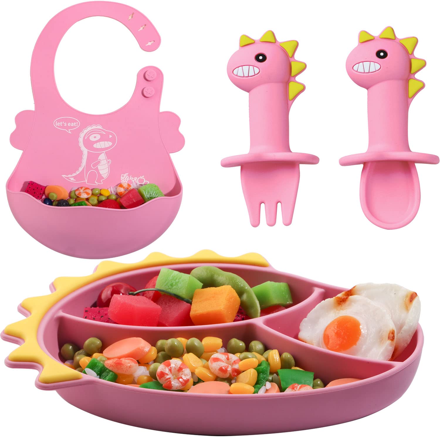KAVONOI Baby Feeding Set,Silicone Suction Plate Dinosaur Shape SelfFeeding Adjustable Bib, Suction Plate for Baby Toddler with Spoon Fork Adjustable Bib Set -Pink Dinosaurs