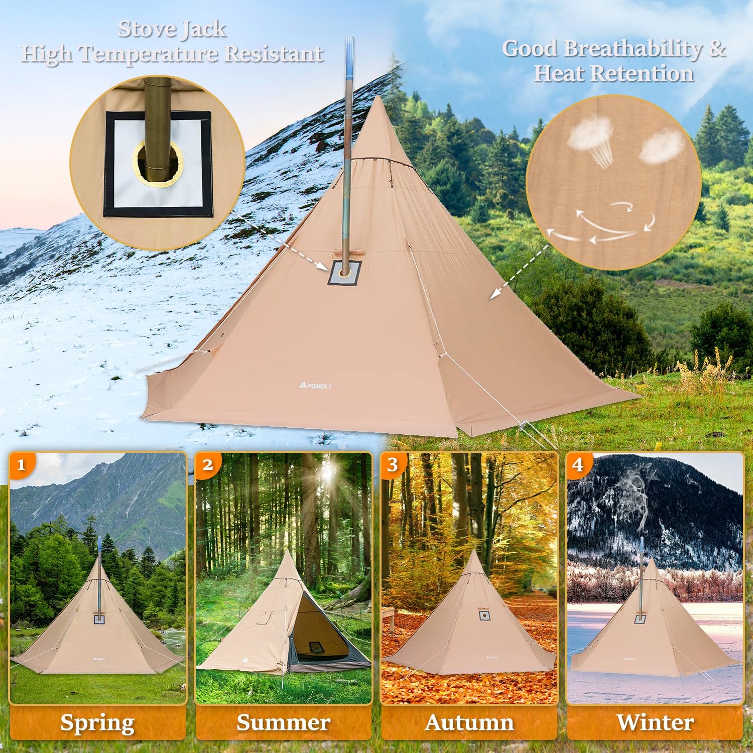 Canvas Hot Tent Tipi Tent Camping Teepee with Stove Jack Canvas Bell Tent 2-4 Person Yurt Tent -YARN Plus (Khaki)