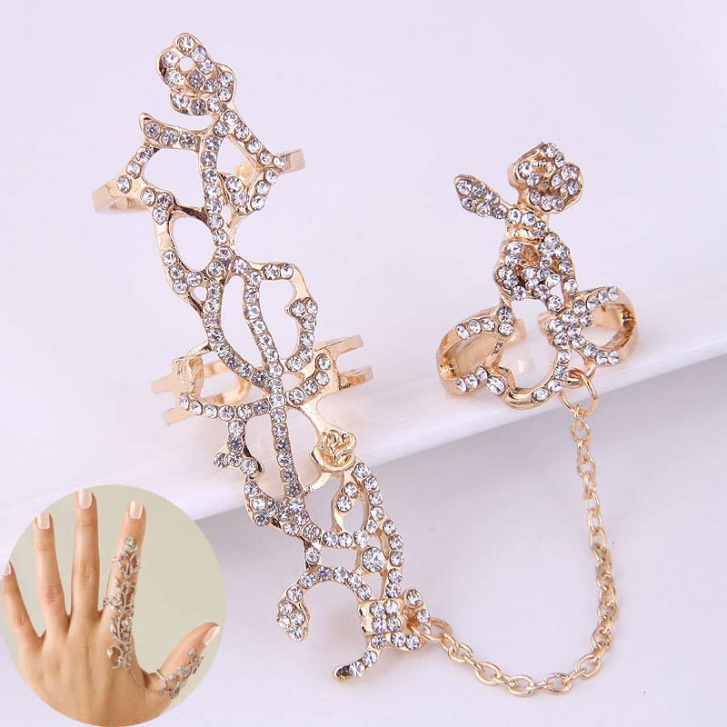 Charm Leaf Full Finger Rings Punk Dainty Bracelet BOHO Knuckle Ring Harness Wedding Jewelry Hand Chains Adjustable Statement Rings for Women-gold