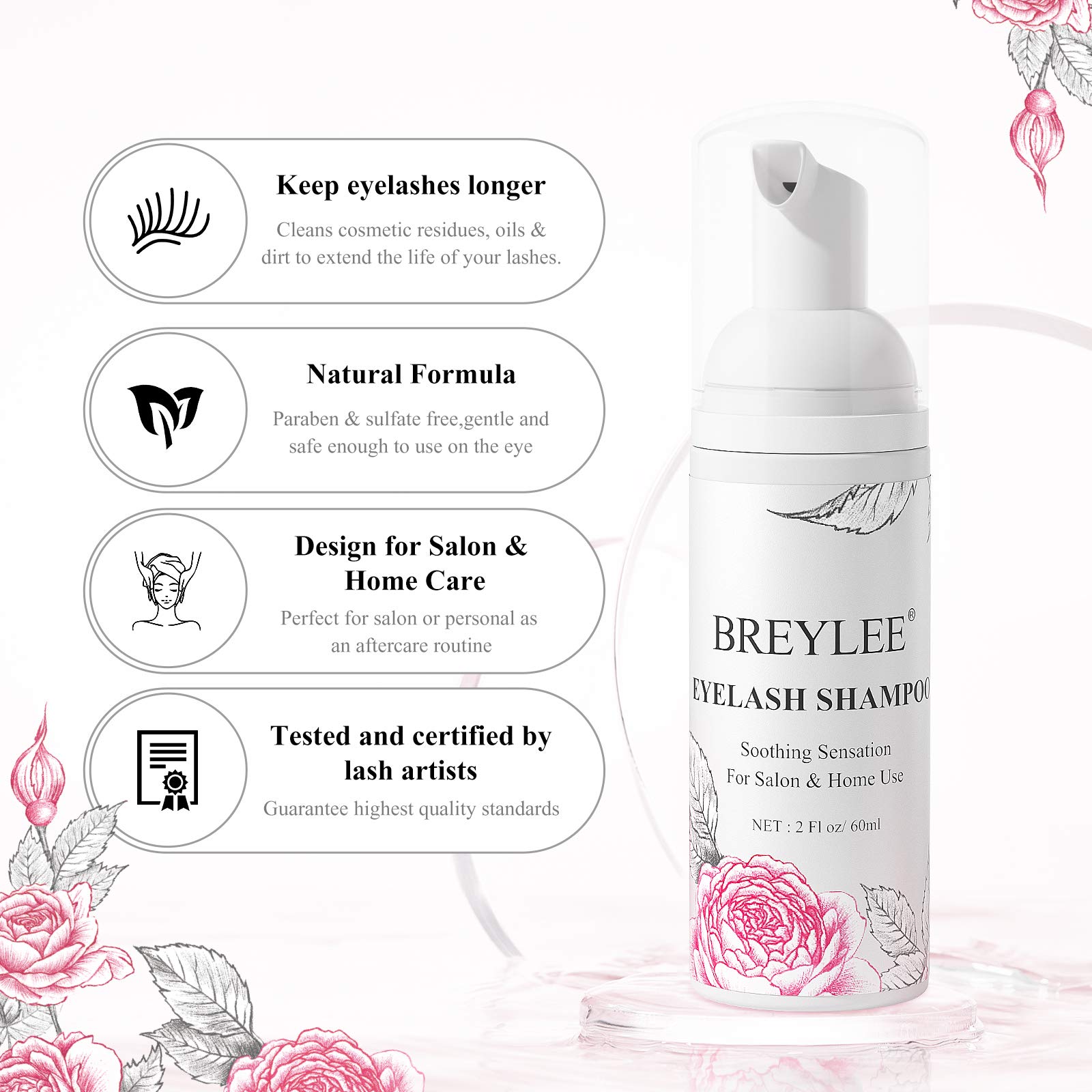 BREYLEE Shampoo for Lash Extensions, 60ml+Rinse Bottle+Brushes, Eyelash Extension Cleanser, Lash Wash Bath, Lash Cleaner, Paraben & Sulfate Free for Salon and Home Use
