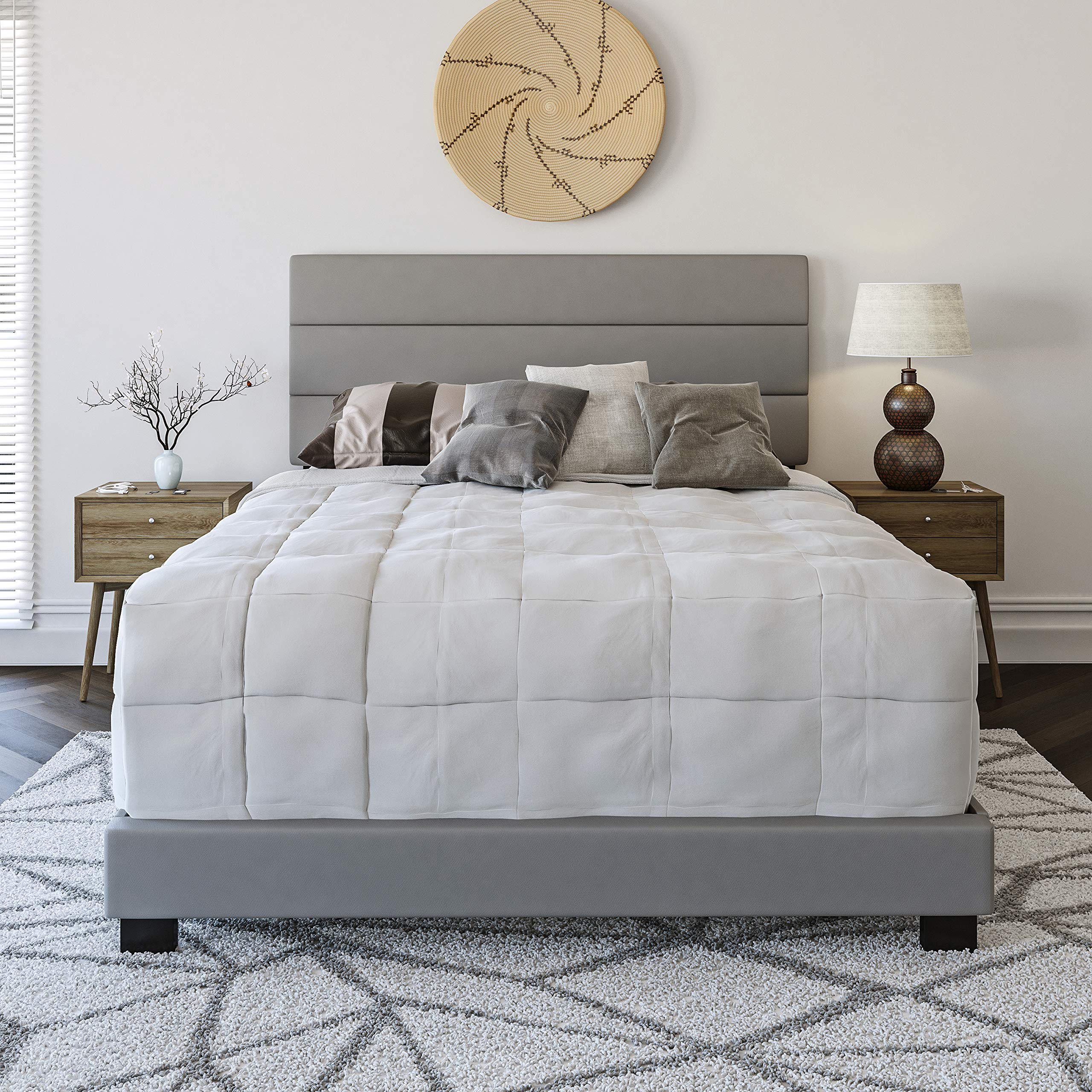 Boyd Sleep Montana Upholstered Platform Bed Frame Mattress Foundation with Tri-Panel Headboard and Strong Wood Slat Supports: Faux Leather, Grey, Twin