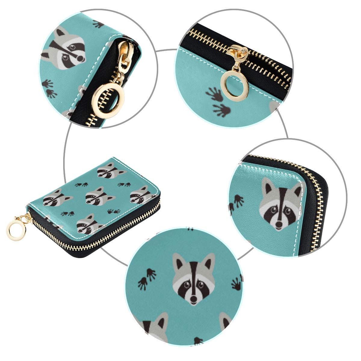 MOYYO RFID Credit Card Holder Case Animal Cute Raccoon Leather Printed Zipper Card Case Wallet for Women Girls