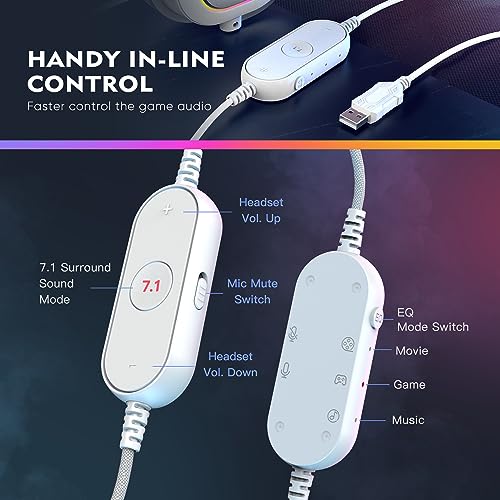 FIFINE USB Gaming Headset, PC Headphones Wired with Microphone for Computer/Laptop/PS4, Over-Ear RGB Headset with 7.1 Surround Sound, Noise Cancellation for Streaming Video Game- AmpliGame H6 (White)