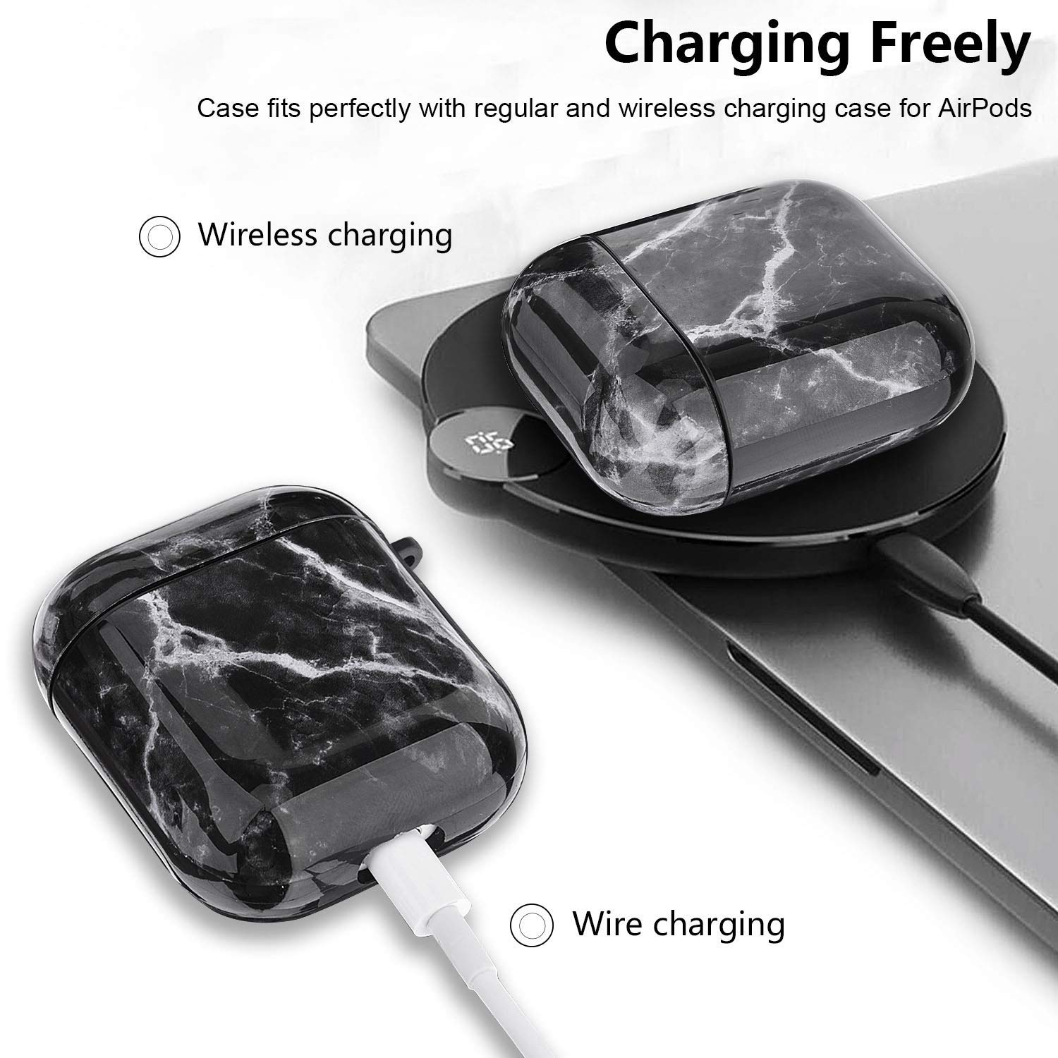 CAGOS for Airpod Case, Cute Marble Protective Hard Cover with Keychain Compatible with Apple Airpods 2nd/1st Generation Case for Women Men, Black