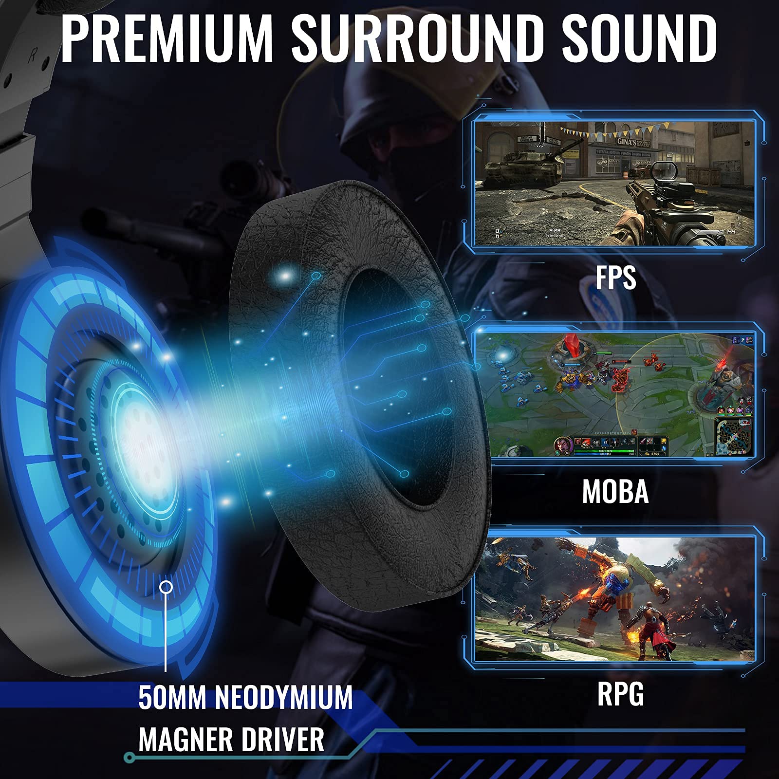 NJSJ Gaming Headset for PS4 PC Xbox One PS5 Controller, Gaming Headphones with Noise Canceling Microphone,Surround Sound,RGB LED Light,Soft Memory Foam Ear Pads for PC, Mac, Laptop, Cell Phones