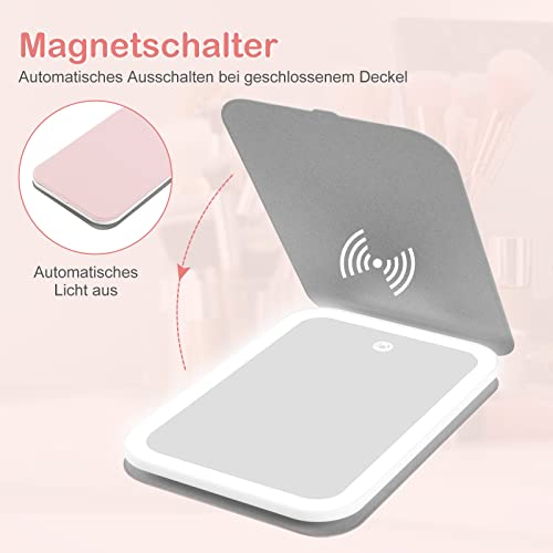 Luminar bowo Vanity Tabletop Mount Mirror with Lights, Travel Makeup Mirror 360° Rotation Touch Screen 3 Colors Light Modes 72 LEDs USB Rechargeable, 1200mA 5.5x8-Inch Desk Compact Mirror Pink