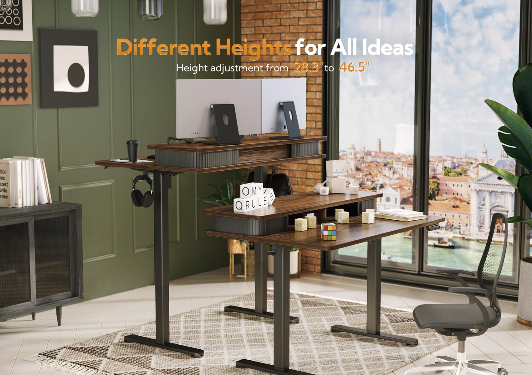 Claiks Standing Desk with Tambour, Electric Standing Desk Adjustable Height, Adjustable Standing Desk with Storage Shelves, 48 Inch Walnut
