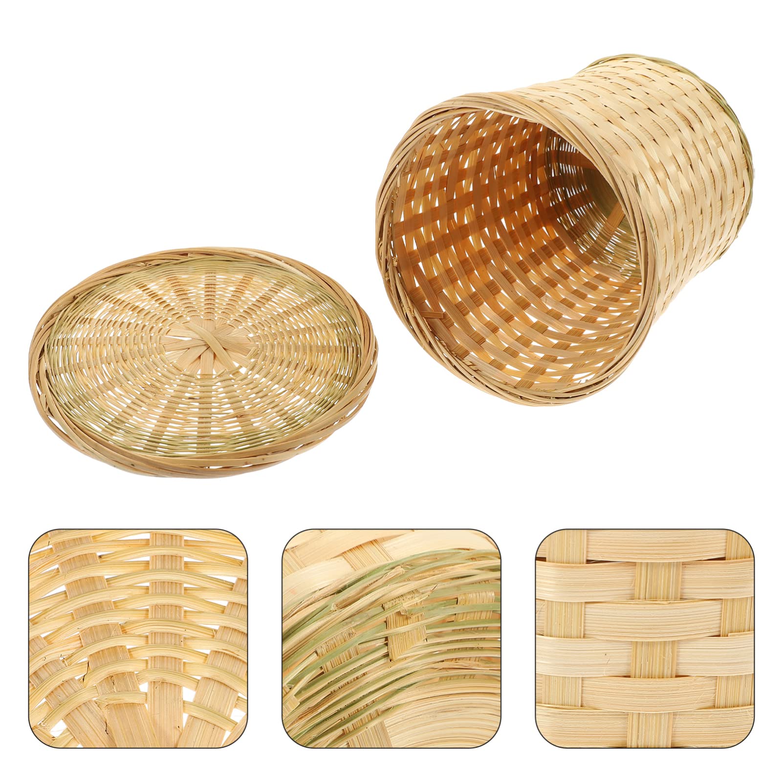 Hemoton 2pcs Small Woven Basket with Lid Rattan Trash Can Wastebasket Wicker Round Trash Bin Woven Storage Basket Decorative Egg Basket Laundry Hamper Flower Pots Planter Holder