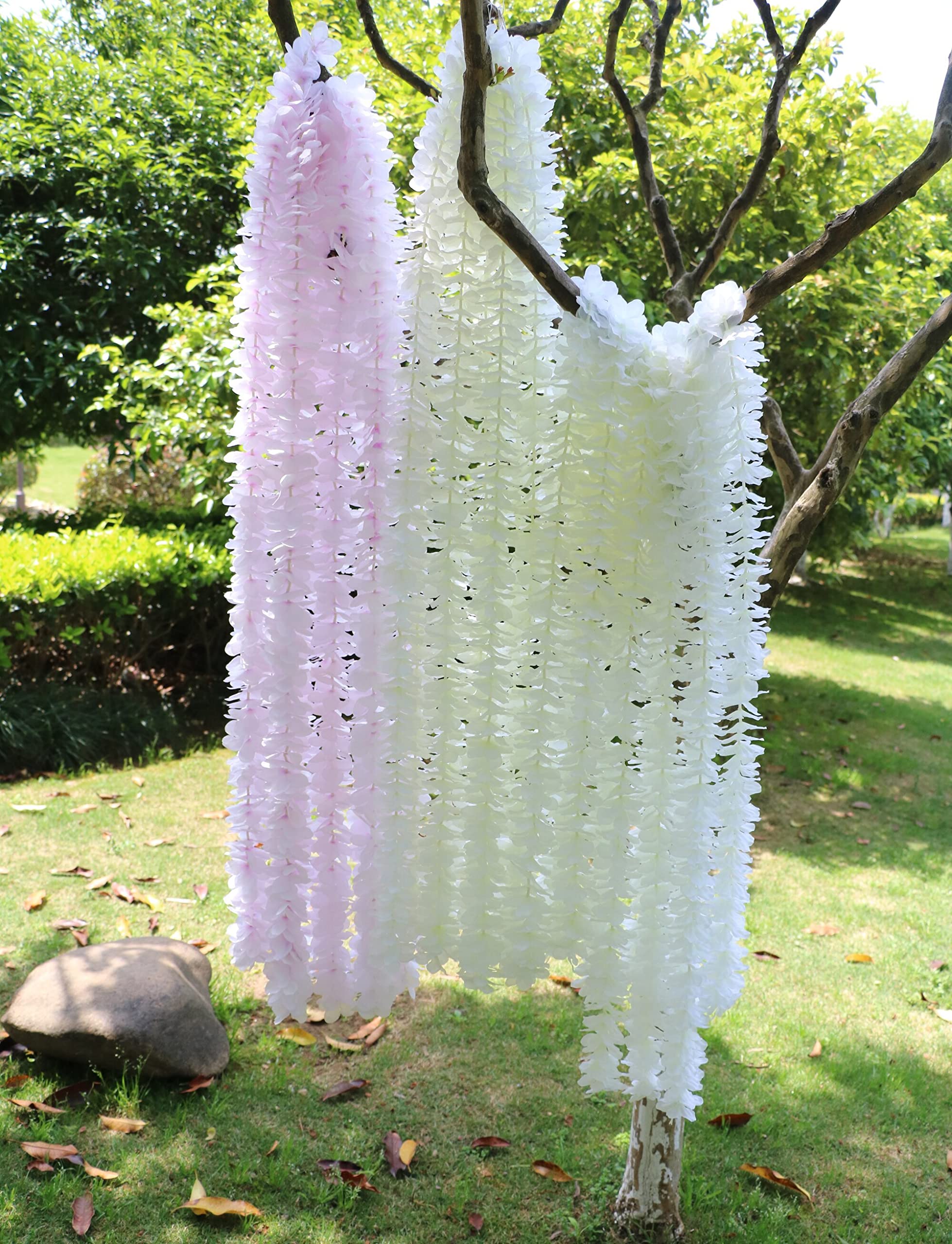 LUSHIDI 32.8Ft Artificial Silk Wisteria Vine Hanging Flowers Garland Home Outdoor Wedding Arch Garden Wall Decor,Pack of 10 (Off White)
