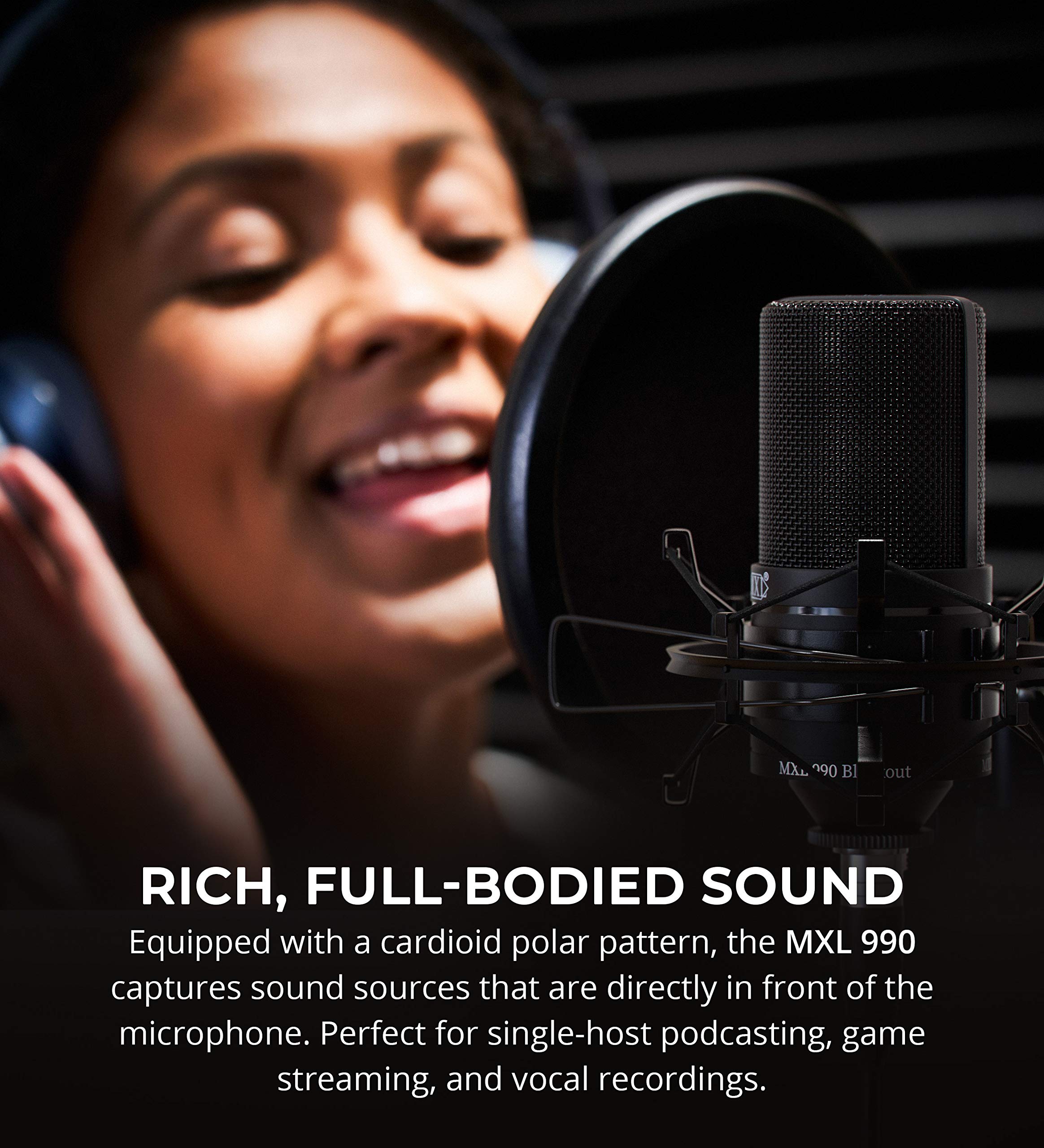 MXL 990 Condenser Microphone for Podcasting, Singing, Home Studio Recording, Gaming & Streaming | Detailed Sound | XLR | Large Diaphragm (Blackout)