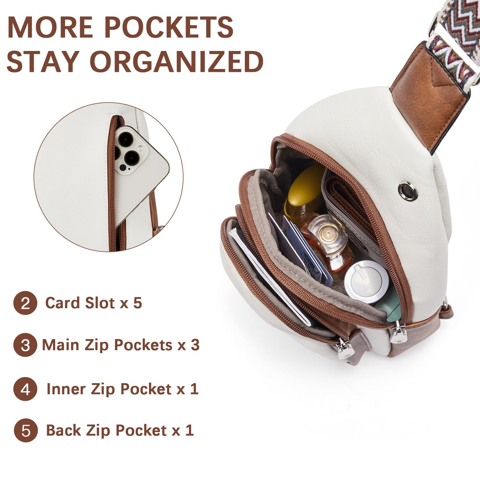 BOSTANTEN Sling Bag Cross Body Bag Trendy Leather Crossbody Purse Chest Bag with Adjustable Guitar Strap for Travel, Beige
