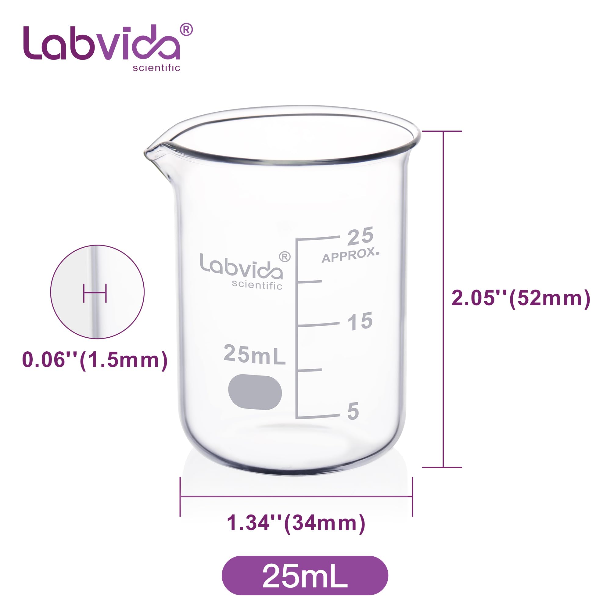 Labvida 24pcs of Low Form Glass Beakers, 3.3 Borosilicate with Printed Graduation, Vol.25ml,LVA037